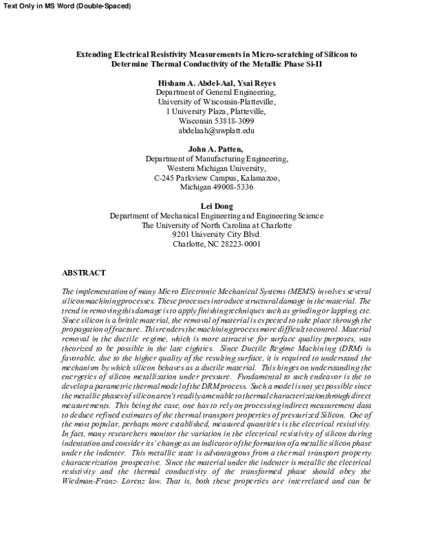(PDF) Extending electrical resistivity measurements in micro-scratching of silicon to determine ...