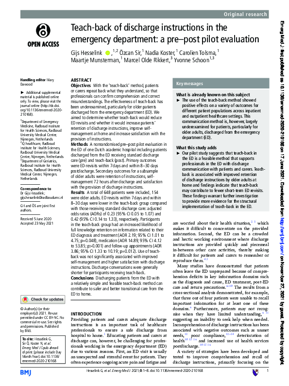 (PDF) Teach-back of discharge instructions in the emergency department ...