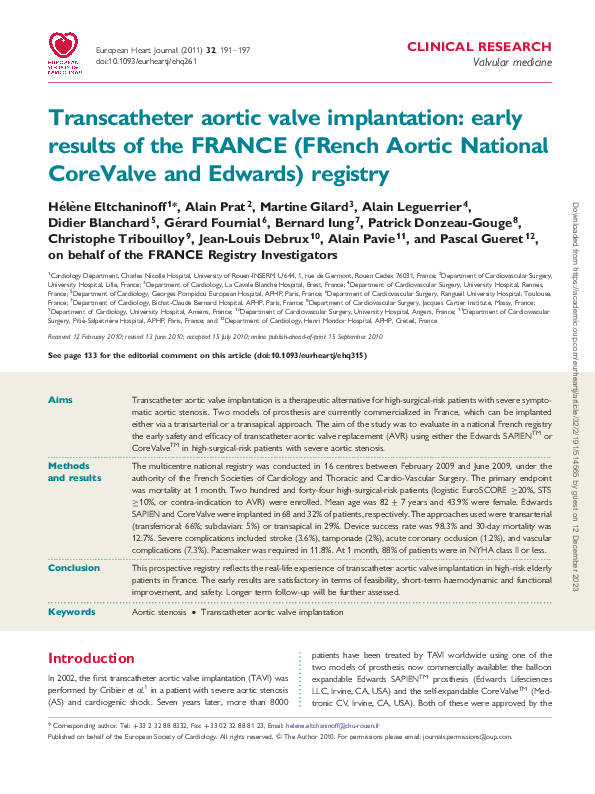 (PDF) Transcatheter aortic valve implantation: early results of the ...