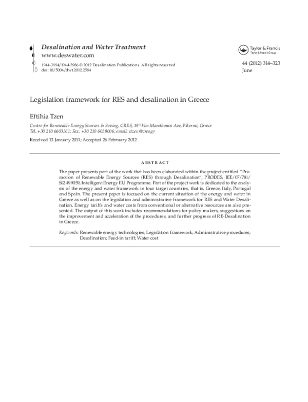 (PDF) Legislation framework for RES and desalination in Greece