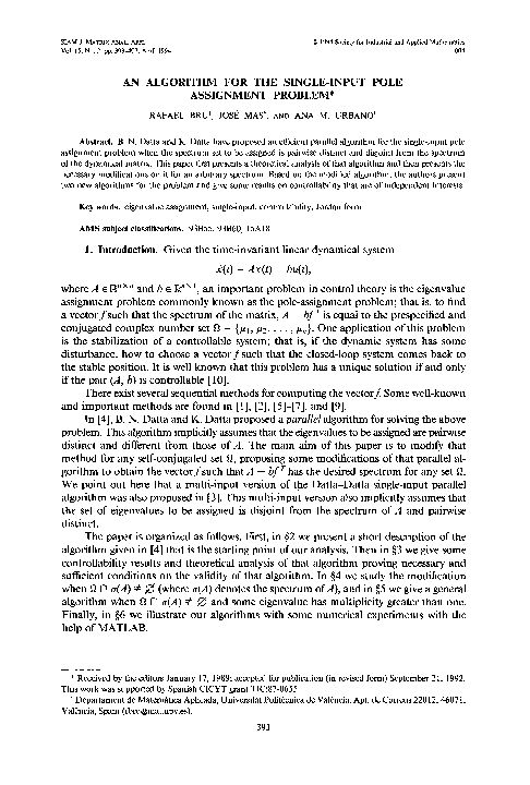 Pdf An Algorithm For The Single Input Pole Assignment Problem 1017