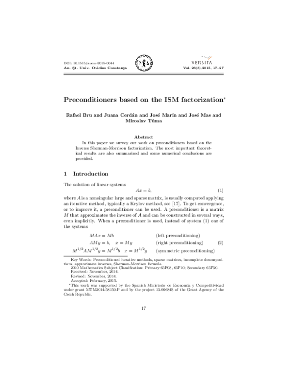 (PDF) Preconditioners based on the ISM factorization