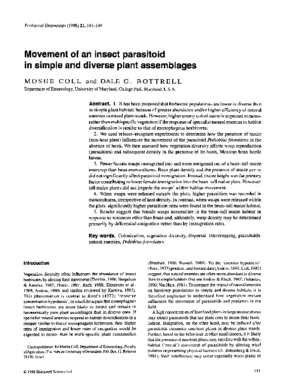 (PDF) Movement of an insect parasitoid in simple and diverse plant ...