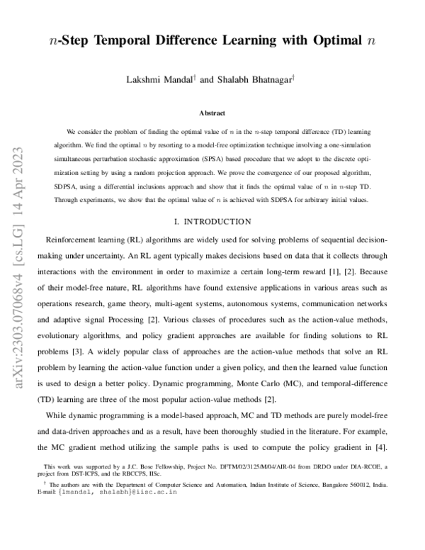(PDF) n-Step Temporal Difference Learning with Optimal n