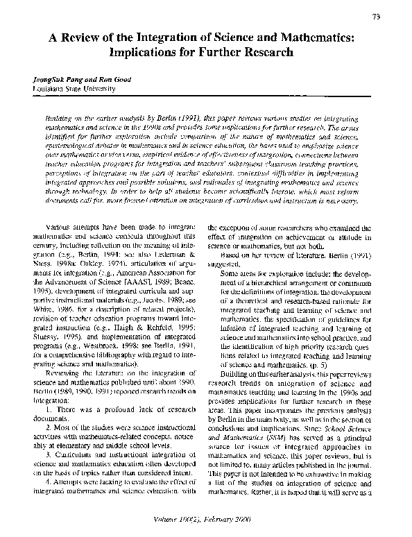 (PDF) A Review of the Integration of Science and Mathematics ...