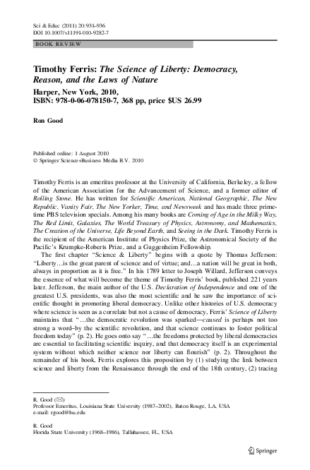(PDF) Timothy Ferris: The Science of Liberty: Democracy, Reason, and ...