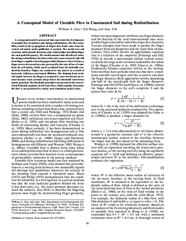 (PDF) A Conceptual Model of Unstable Flow in Unsaturated Soil during Redistribution | William ...
