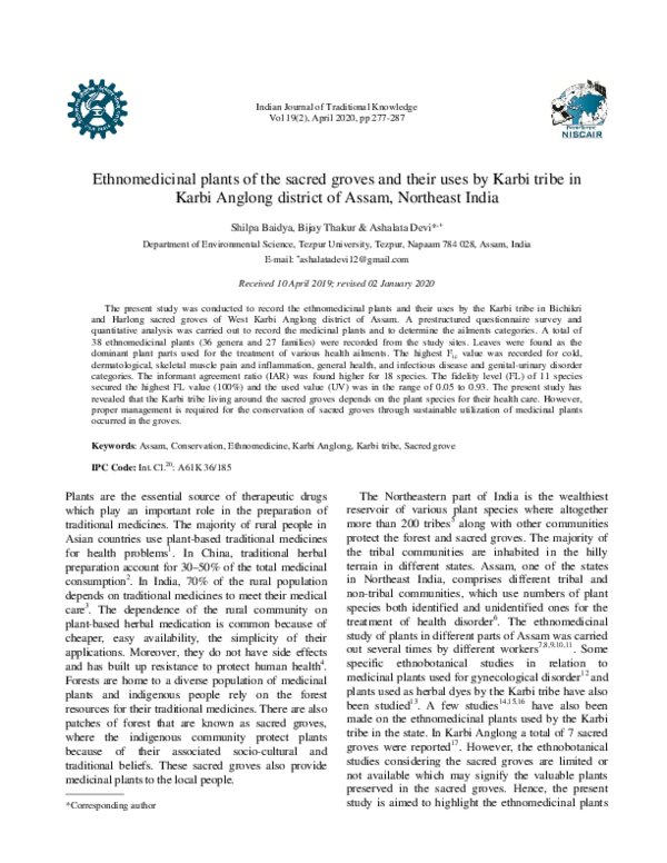 (PDF) Ethnomedicinal plants of the sacred groves and their uses by Karbi tribe in Karbi Anglong ...