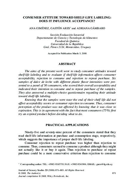 (PDF) Consumer Attitude Toward Shelf‐Life Labeling: Does It Influence ...