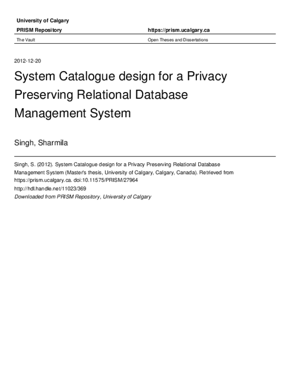 (PDF) System Catalogue design for a Privacy Preserving Relational ...