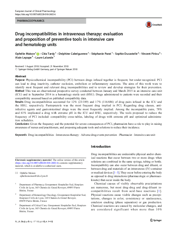 (PDF) Drug incompatibilities in intravenous therapy: evaluation and ...