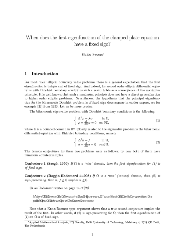 (PDF) When does the ̄rst eigenfunction of the clamped plate equation have a ̄xed sign?