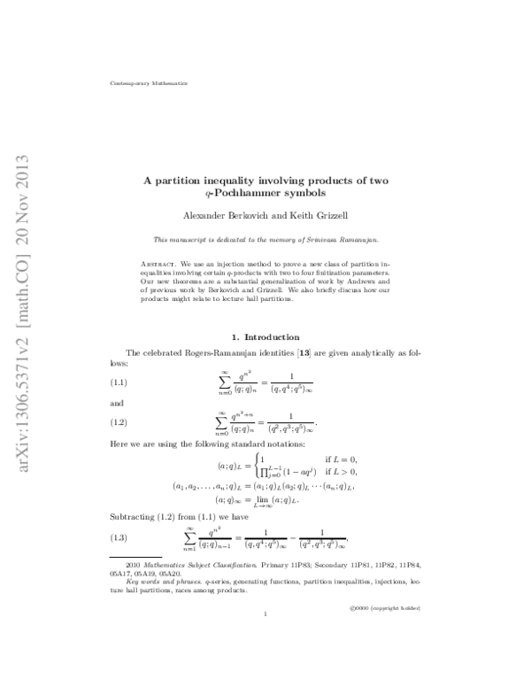 (PDF) A partition inequality involving products of two 𝑞-Pochhammer symbols