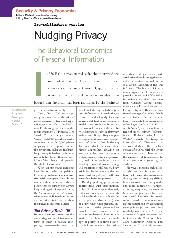 (PDF) Nudging Privacy: The Behavioral Economics of Personal Information
