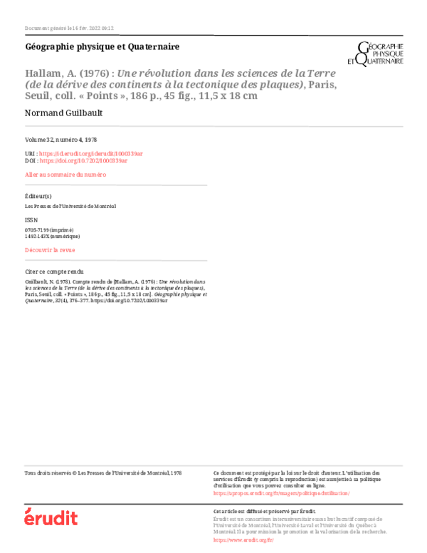 (PDF) Hallam, A. (1976) : Une révolution dans les sciences de la Terre ...