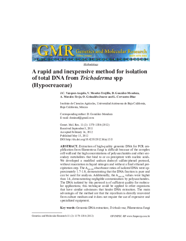 (PDF) Methodology A rapid and inexpensive method for isolation of total DNA from Trichoderma spp ...