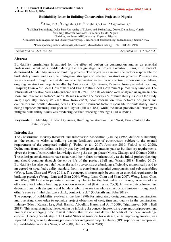 (PDF) Buildability Issues in Building Construction Projects in Nigeria