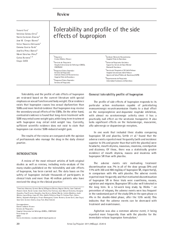 (PDF) Tolerability and profile of the side effects of bupropion