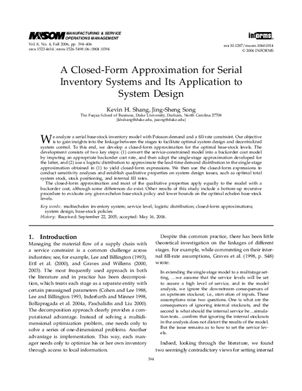 (PDF) A Closed-Form Approximation for Serial Inventory Systems and Its Application to System Design