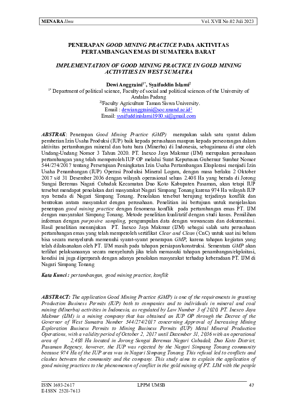 (PDF) Penerapan Good Mining Practice Pada Aktivitas Pertambangan Emas DI Sumatera Barat