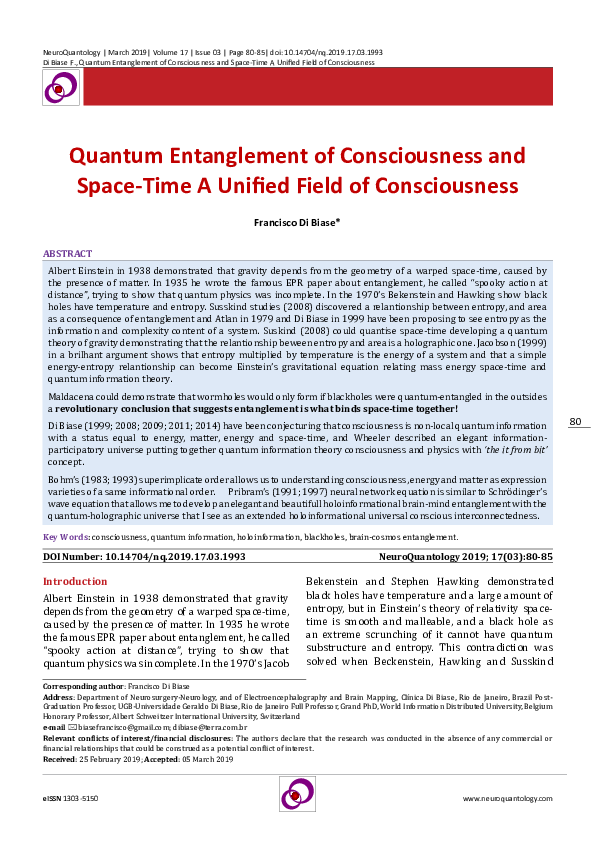 (PDF) Quantum Entanglement of Consciousness and Space-Time A Unified Field of Consciousness
