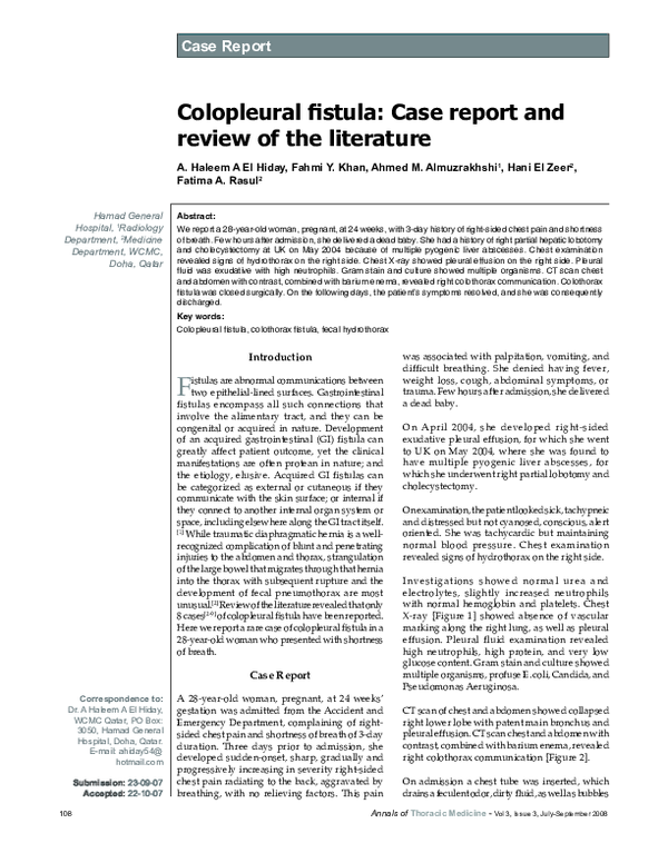 (PDF) Colopleural fistula: Case report and review of the literature ...