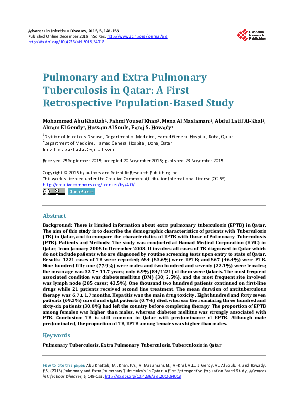 (PDF) Pulmonary and Extra Pulmonary Tuberculosis in Qatar: A First Retrospective Population ...