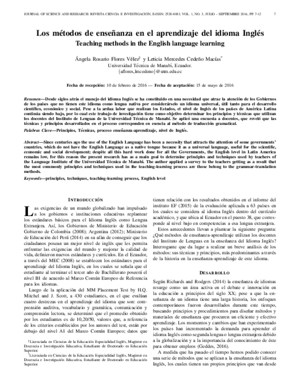 (PDF) Los métodos de enseñanza en el aprendizaje del idioma Inglés