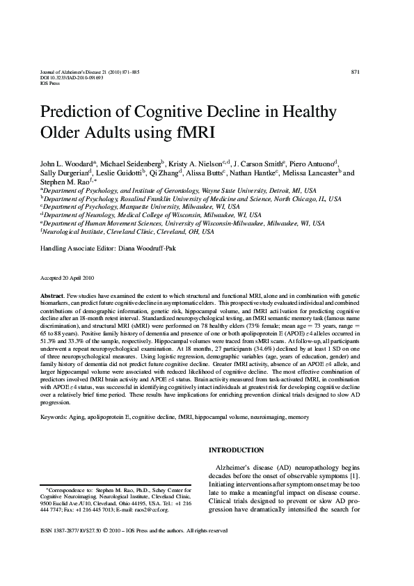 (PDF) Prediction of cognitive decline in healthy older adults using fMRI