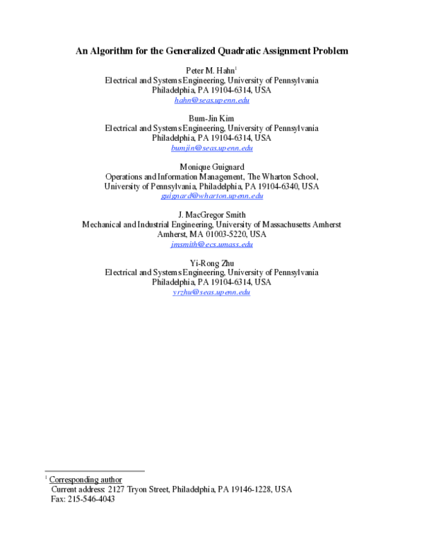 Pdf An Algorithm For The Generalized Quadratic Assignment Problem Monique Spielberg 