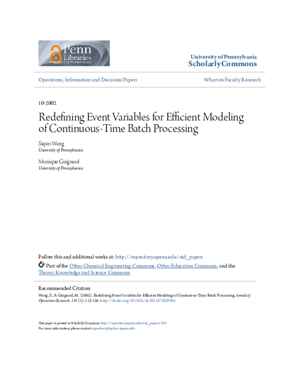 (PDF) Redefining Event Variables for Efficient Modeling of Continuous-Time Batch Processing