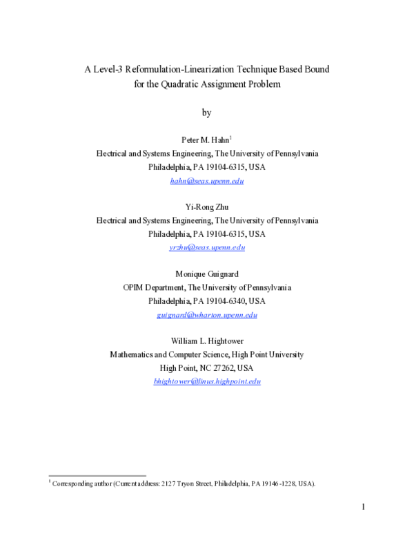 (PDF) A level-2 reformulation–linearization technique bound for the quadratic assignment problem