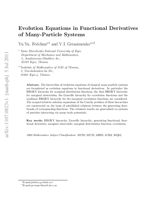 (PDF) Evolution Equations in Functional Derivatives of Many-Particle ...