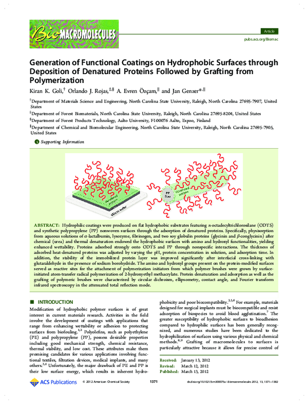 (PDF) Generation of Functional Coatings on Hydrophobic Surfaces through ...