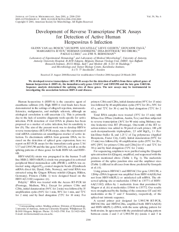 (PDF) Development of Reverse Transcriptase PCR Assays for Detection of Active Human Herpesvirus ...