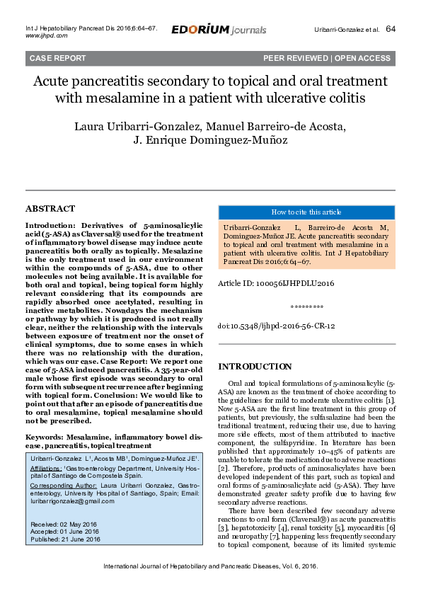 (PDF) Acute pancreatitis secondary to topical and oral treatment with mesalamine in a patient ...