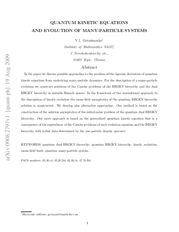 (PDF) Quantum Kinetic Equations and Evolution of Many-Particle Systems