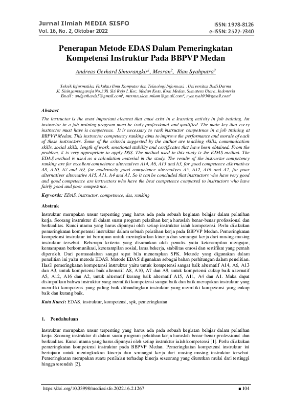 (PDF) Penerapan Metode EDAS Dalam Pemeringkatan Kompetensi Instruktur Pada BBPVP Medan