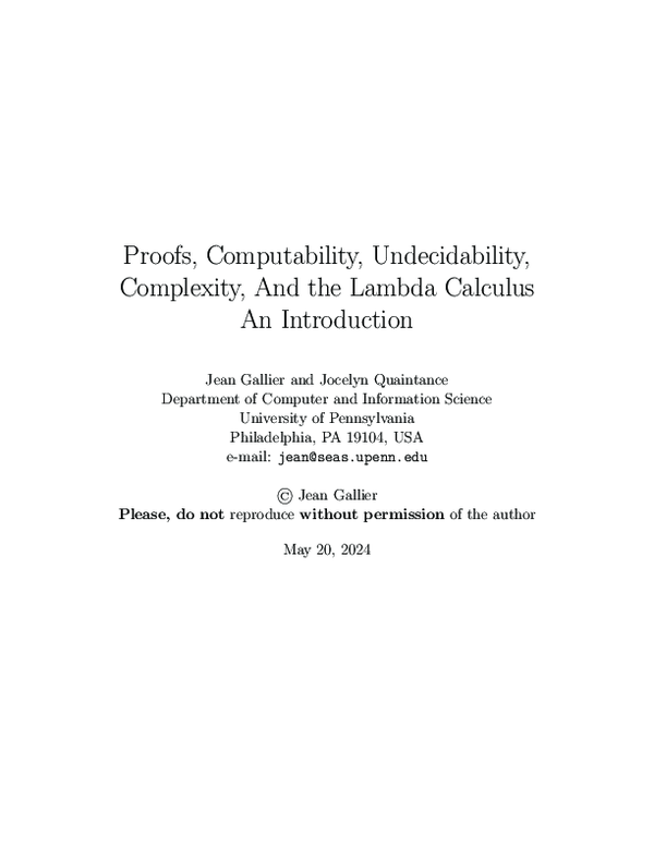 Pdf Proofs Computability Undecidability Complexity And The Lambda Calculus An Introduction