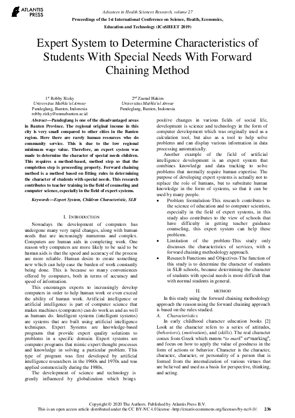 (PDF) Expert System to Determine Characteristics of Students With Special Needs With Forward ...
