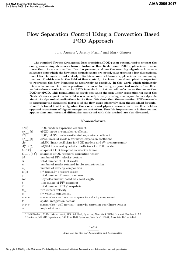(PDF) Flow Separation Control Using a Convection Based POD Approach