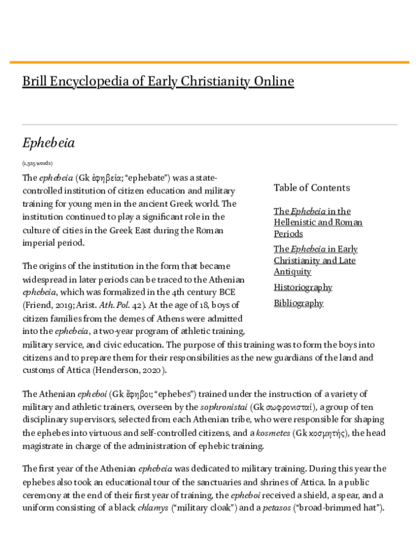 (PDF) "Ephebeia," in Brill Encyclopedia of Early Christianity, eds. David G. Hunter, Paul J.J ...