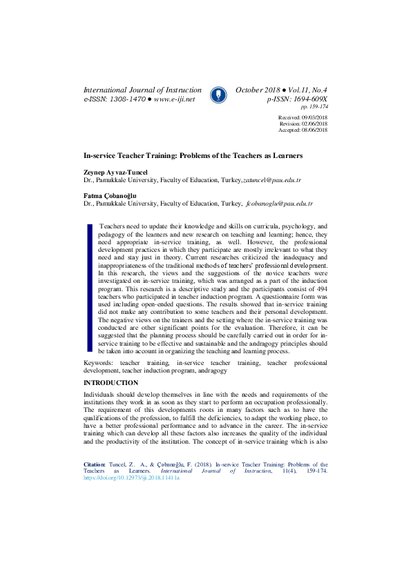 (PDF) In-service Teacher Training: Problems of the Teachers as Learners