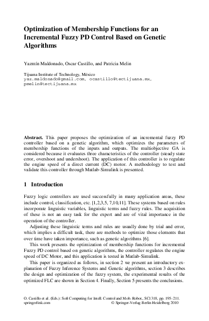 (PDF) Optimization of Membership Functions for an Incremental Fuzzy PD Control Based on Genetic ...