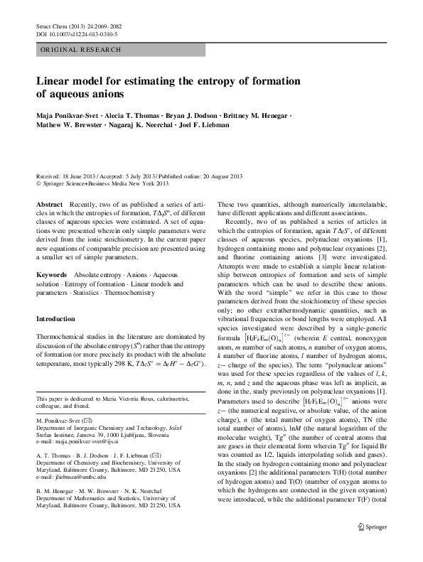 (PDF) Linear model for estimating the entropy of formation of aqueous ...