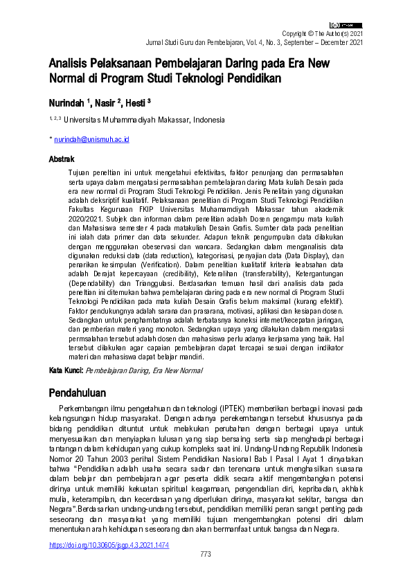 (PDF) Analisis Pelaksanaan Pembelajaran Daring pada Era New Normal di Program Studi Teknologi ...