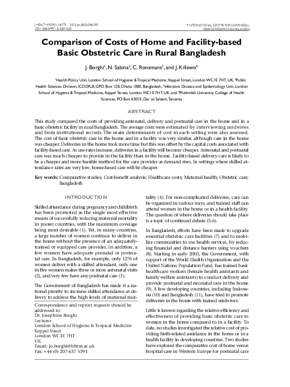 (PDF) Comparison of Costs of Home and Facility-based Basic Obstetric ...