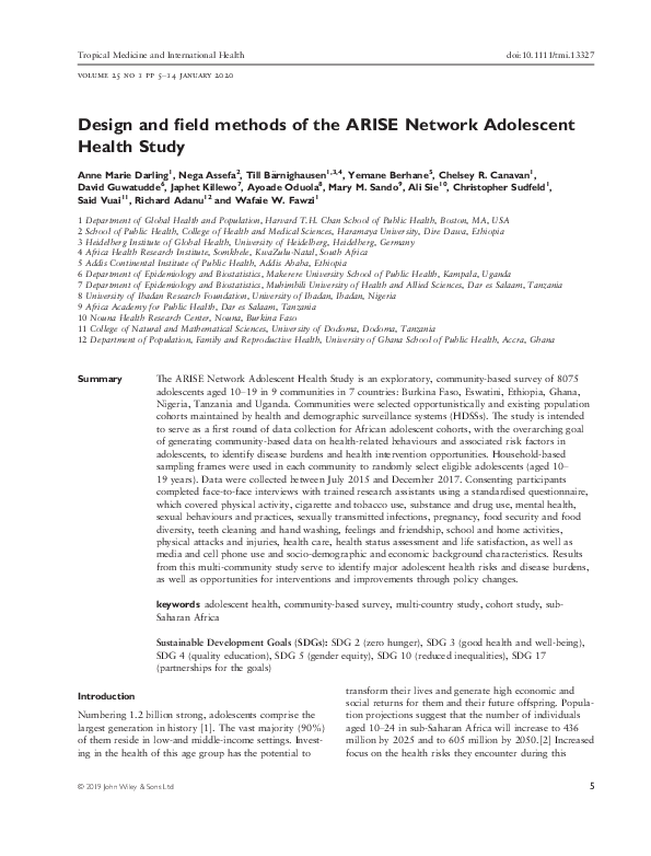 (PDF) Design and field methods of the ARISE Network Adolescent Health Study