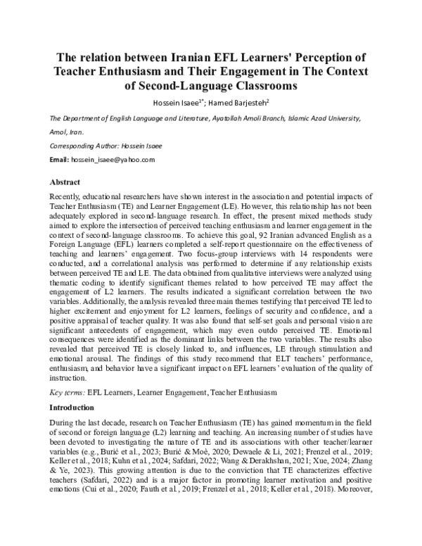 (PDF) The relation between Iranian EFL Learners' Perception of Teacher ...