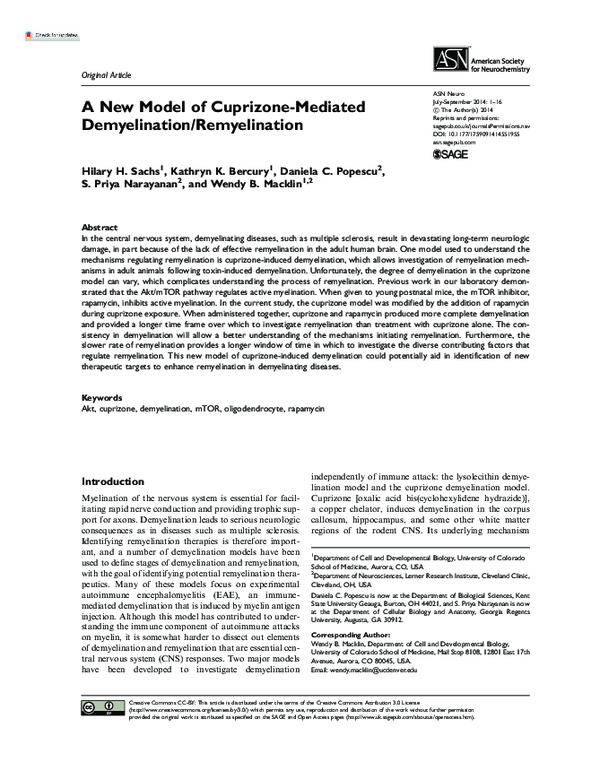 (PDF) A new model of cuprizone-mediated demyelination/remyelination